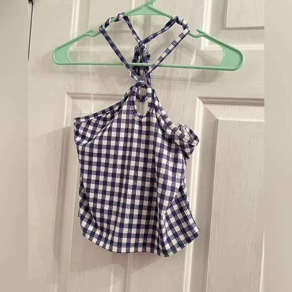 Persaya | Tops | Size Large Blue White Checkered Halter Neck Tie ...